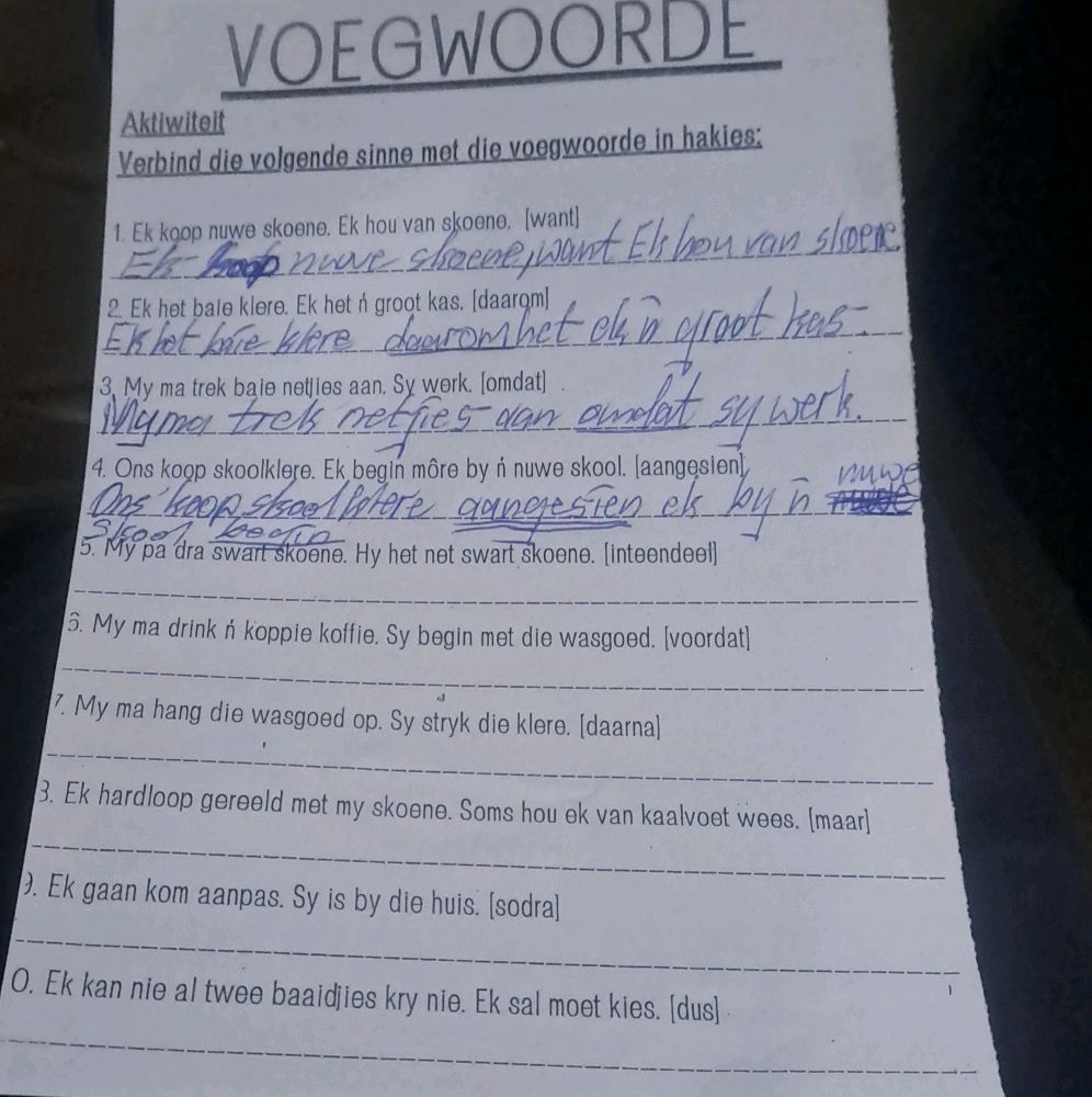 VOEGWOORDE Aktiwiteit Verbind die volgende | StudyX