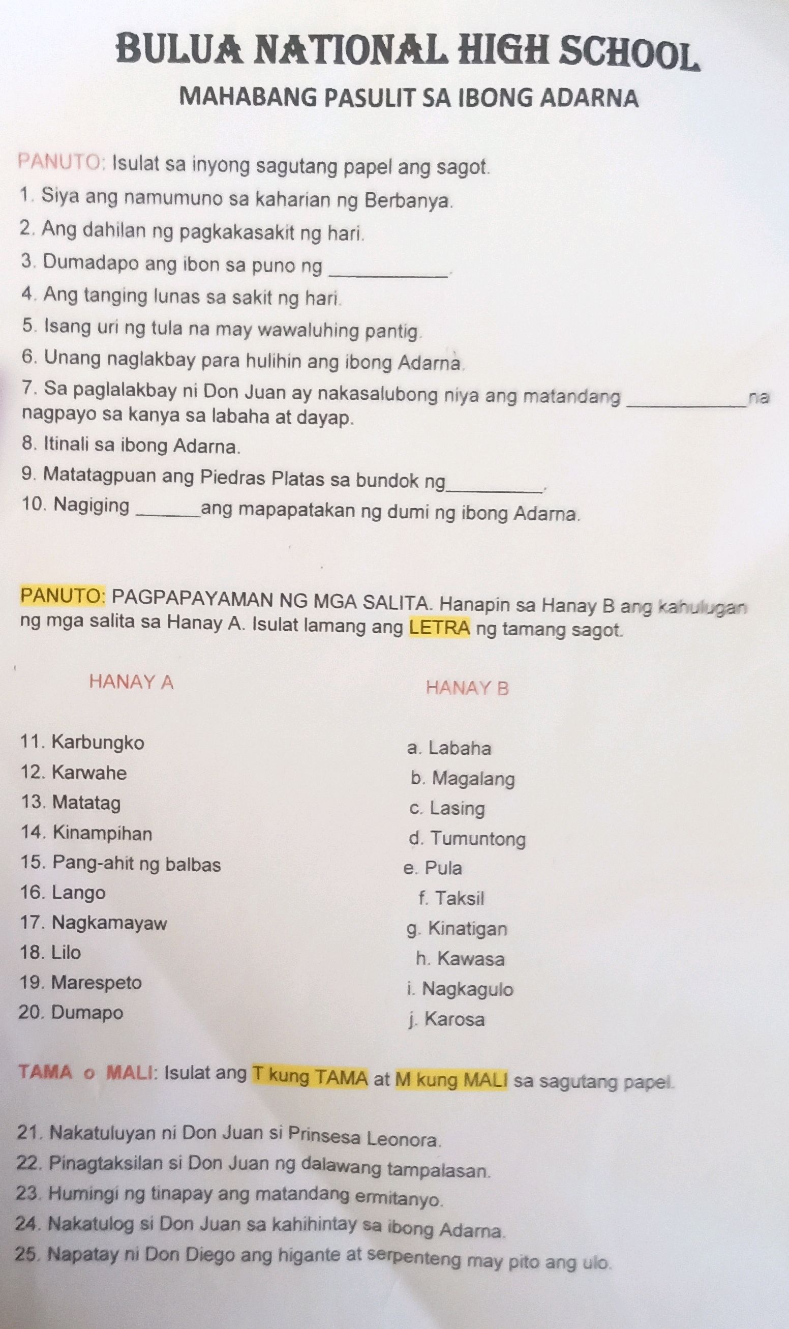 PANUTO: Isulat sa inyong sagutang papel ang | StudyX