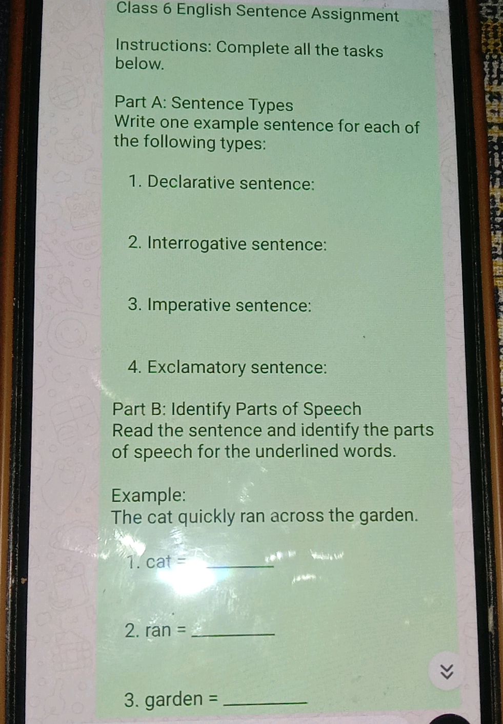 Part A: Sentence Types Write one example | StudyX
