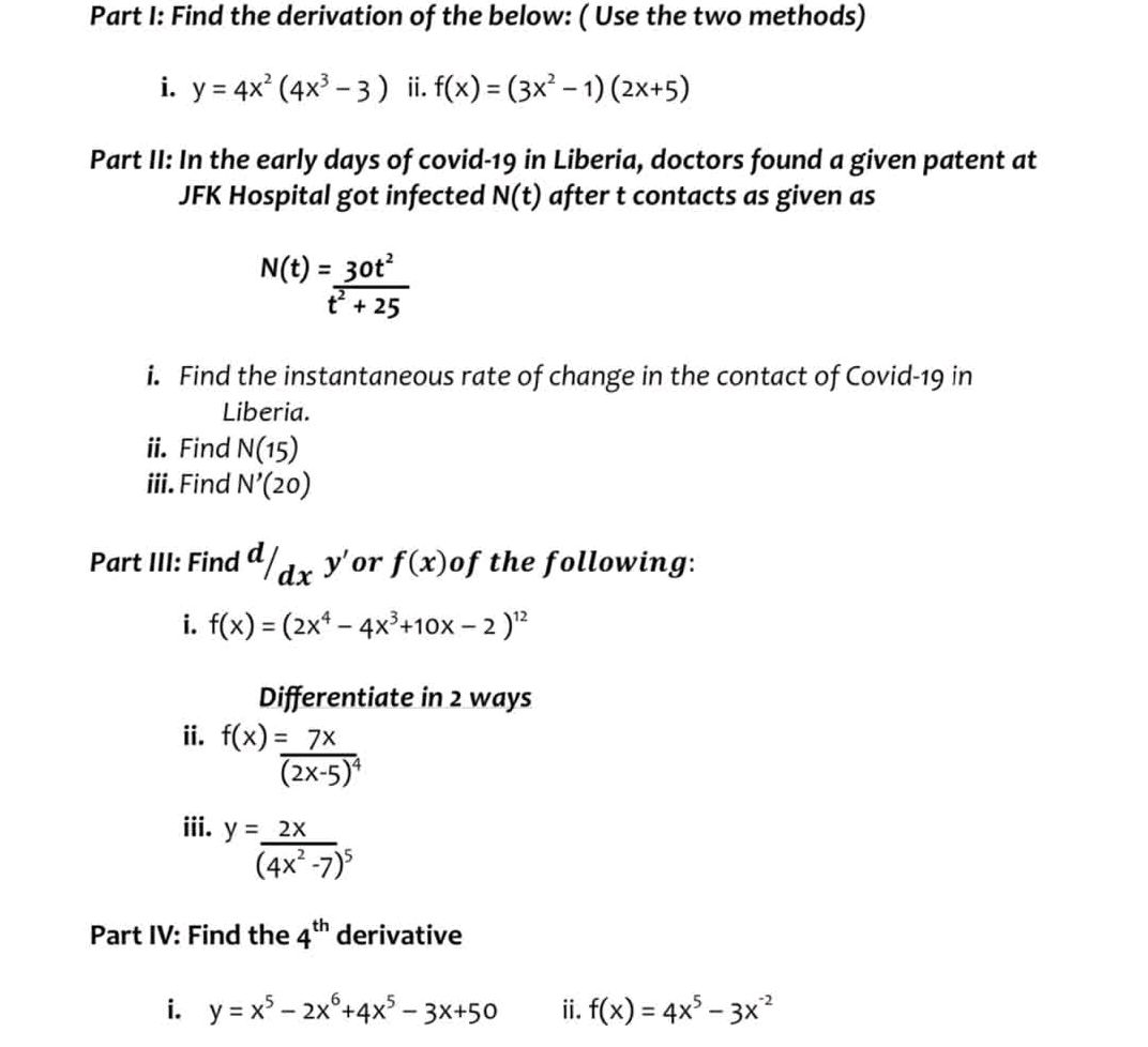 Part I: Find the derivation of the below: | StudyX