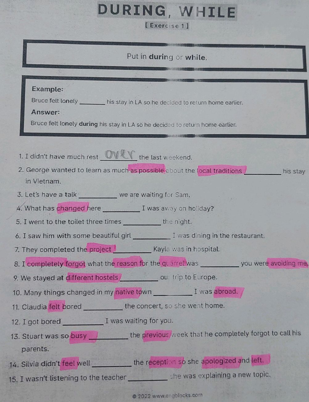 Put in during or while. Example: Bruce felt | StudyX