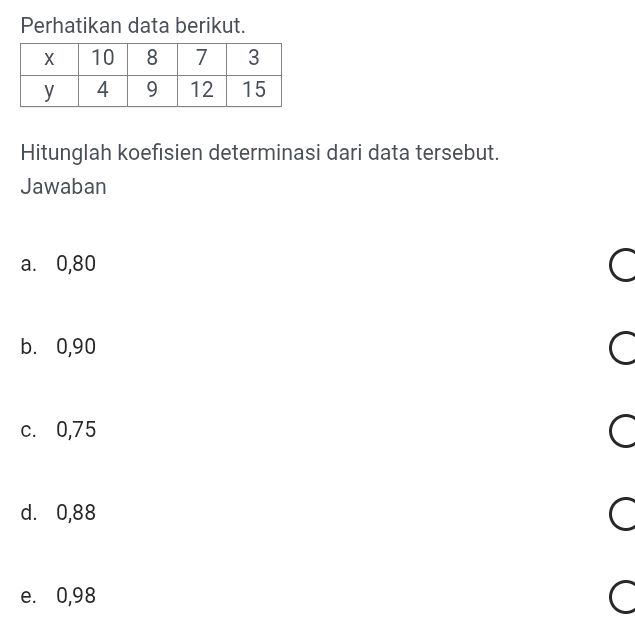 Perhatikan data berikut. | x | 10 | 8 | 7 | | StudyX