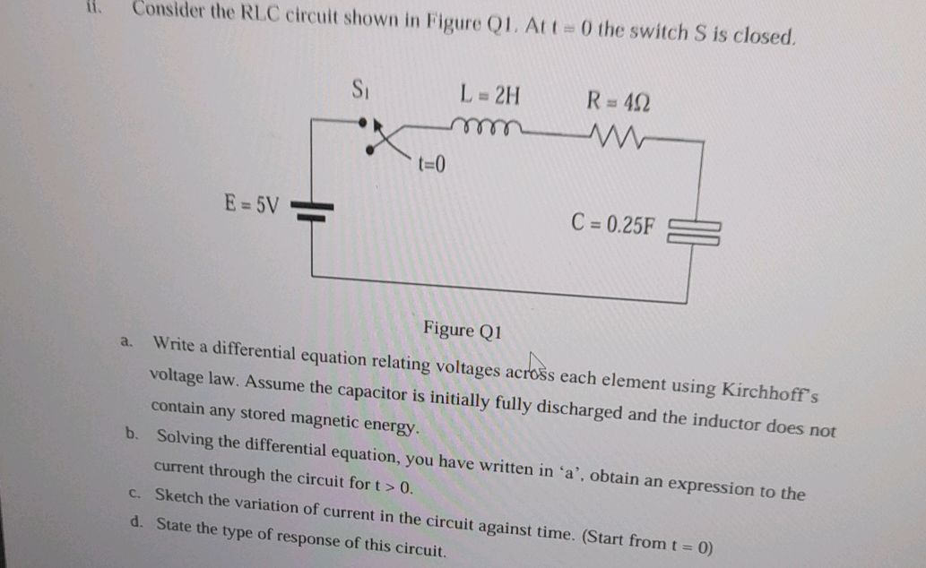 Consider the RLC circuit shown in Figure Q1. | StudyX