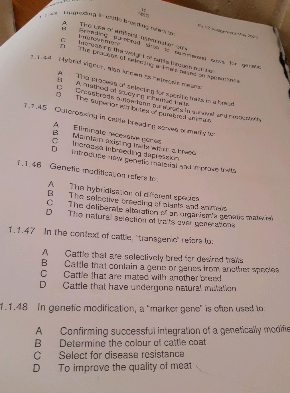 1.1.43 Upgrading in cattle breeding refers | StudyX