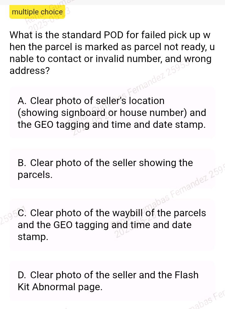 What is the standard POD for failed pick up | StudyX