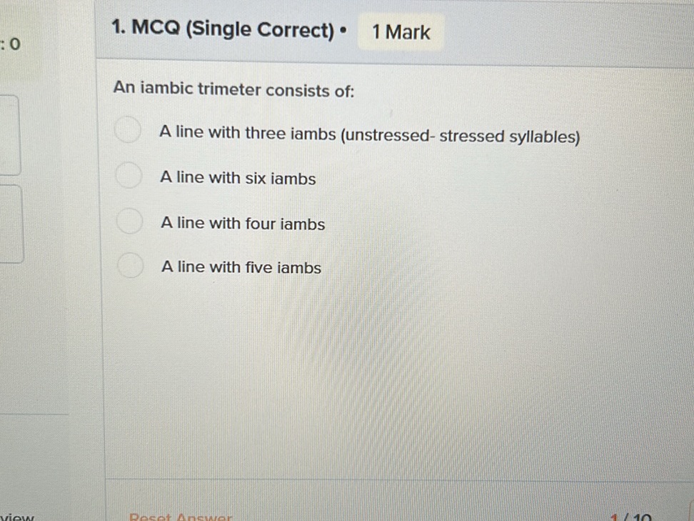 An iambic trimeter consists of: A line with | StudyX