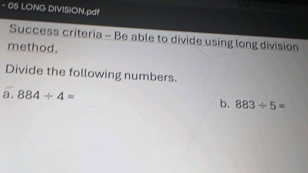 Divide the following numbers. a. 884 ÷ 4 = | StudyX
