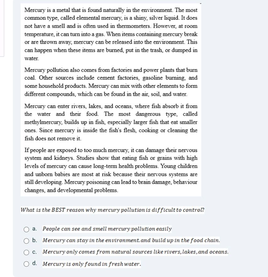 What is the BEST reason why mercury | StudyX