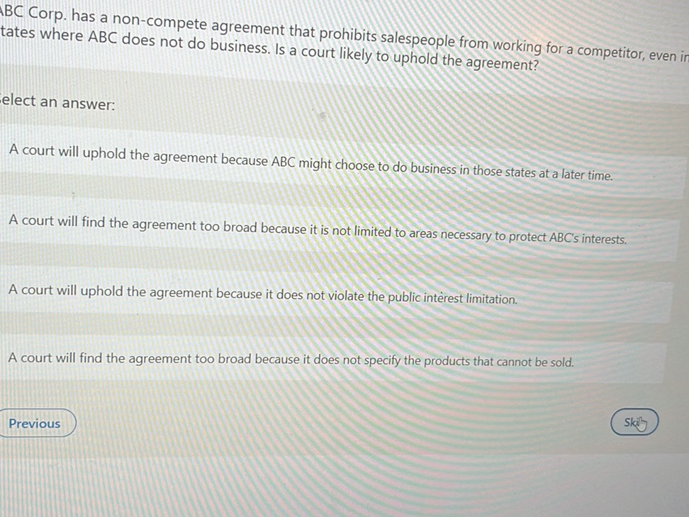 ABC Corp. has a non-compete agreement that | StudyX