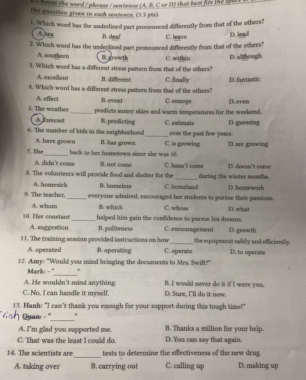 1. Which word has the underlined part | StudyX