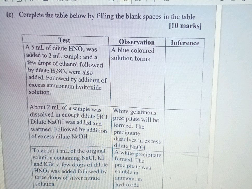 (c) Complete the table below by filling the | StudyX