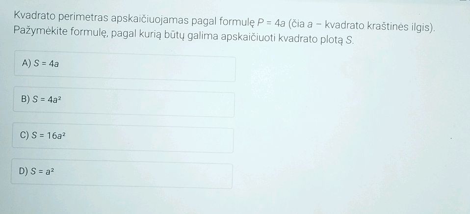 Kvadrato perimetras apskaičiuojamas pagal | StudyX