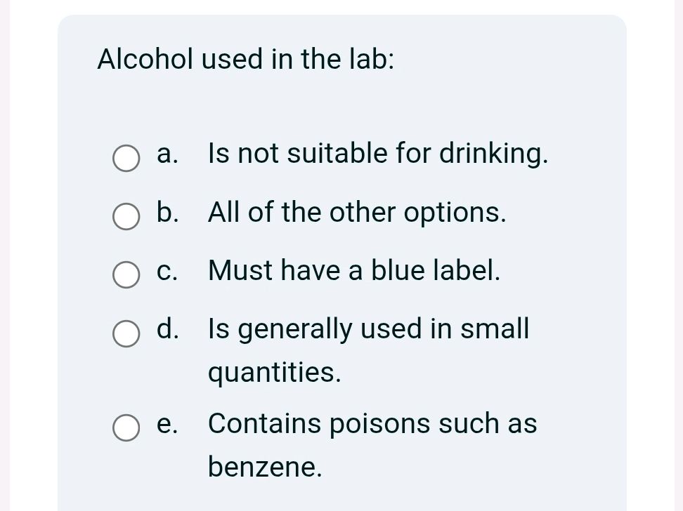Alcohol used in the lab: a. Is not suitable | StudyX