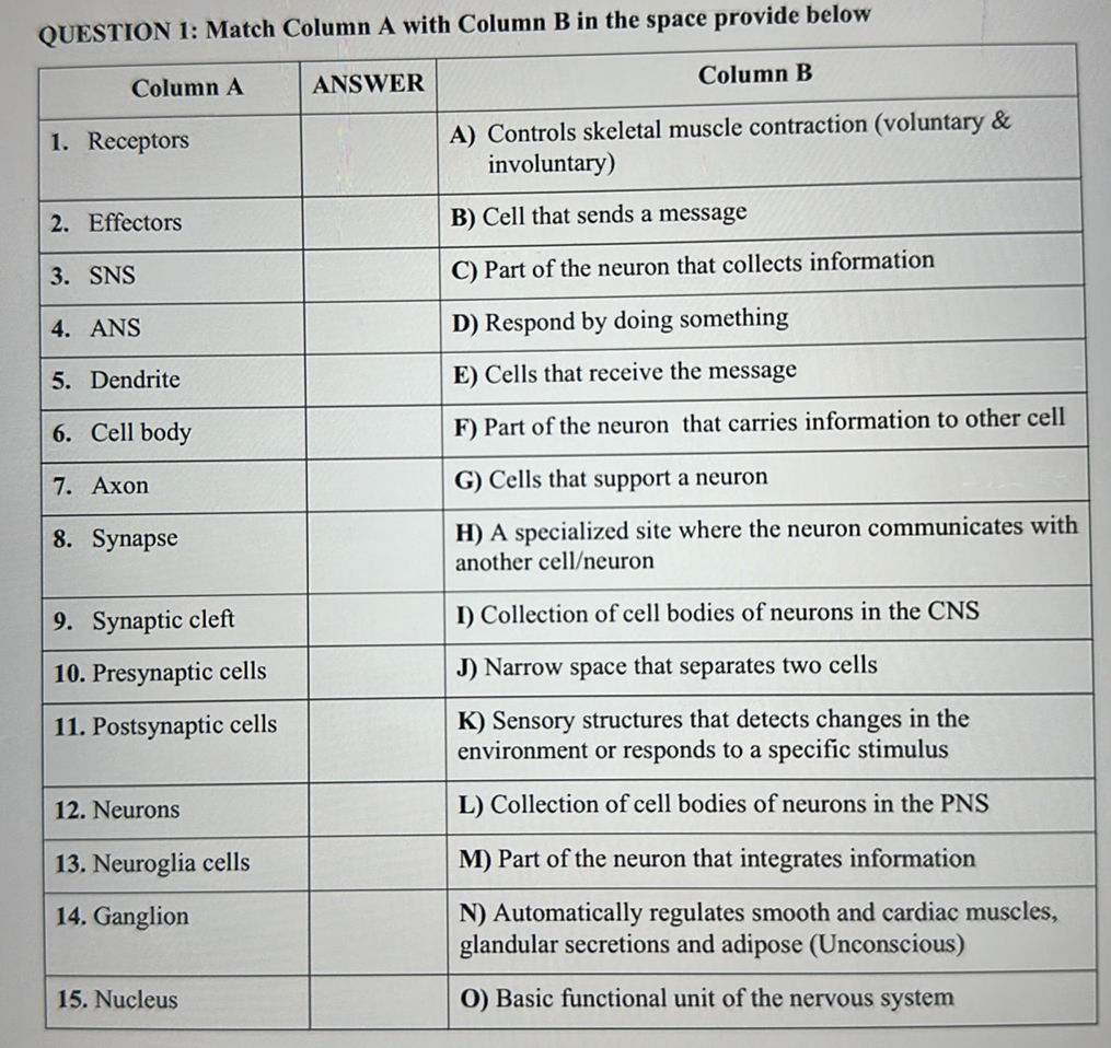 QUESTION 1: Match Column A with Column B in | StudyX
