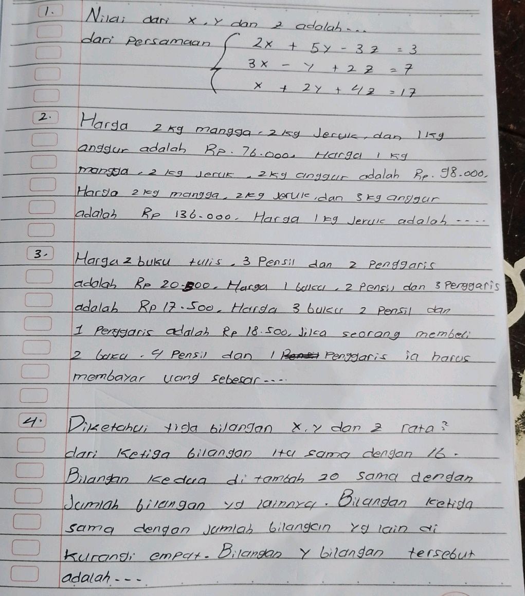 1. Nilai dari x, y dan z adalah... dari | StudyX