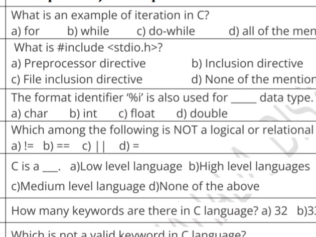 What is an example of iteration in C? a) | StudyX