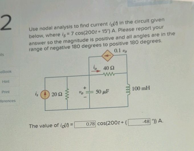 Use nodal analysis to find current $i_o(t)$ | StudyX