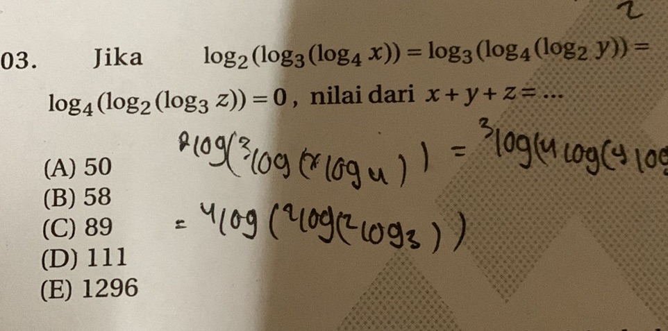 Jika $_2(_3(_4 x)) = _3(_4(_2 y)) = _4(_2(_3 | StudyX