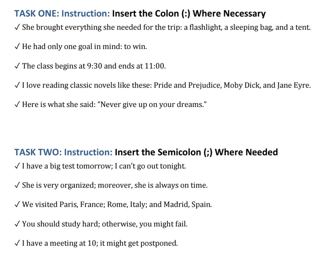 TASK ONE: Instruction: Insert the Colon (:) | StudyX