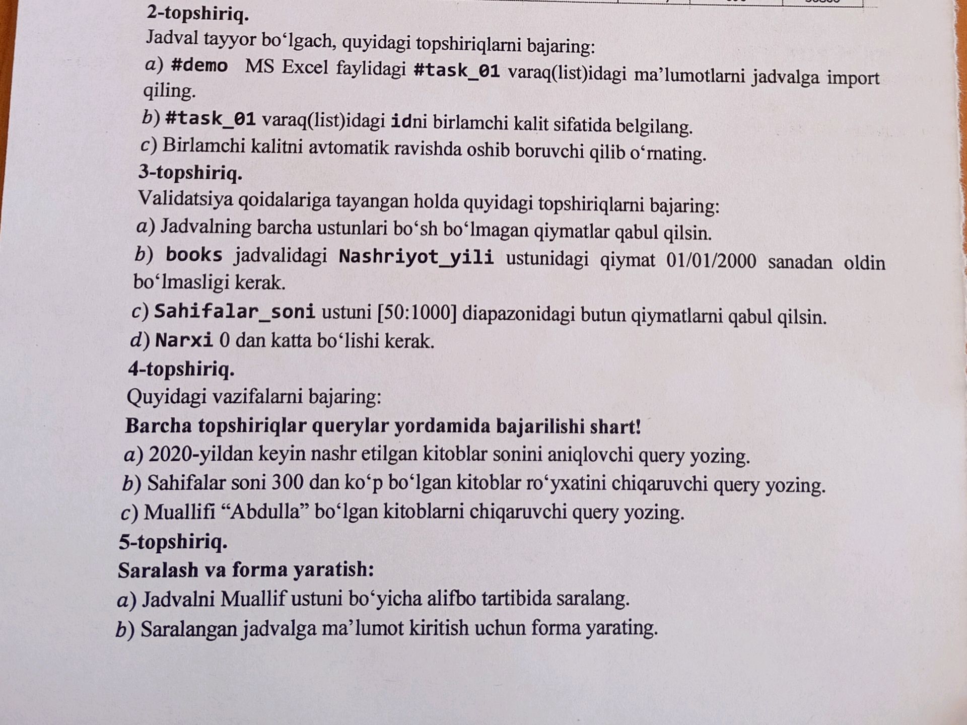 2-topshiriq. Jadval tayyor bo'lgach, | StudyX