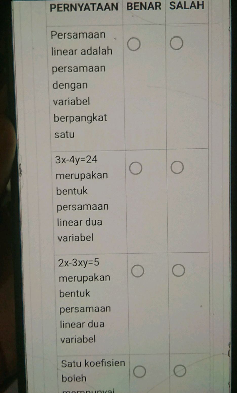 | PERNYATAAN | BENAR | SALAH | |---|---|---| | StudyX