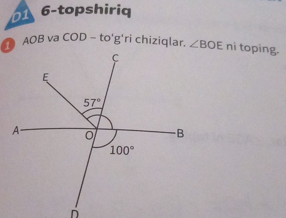 AOB va COD - to'g'ri chiziqlar. ∠BOE ni | StudyX