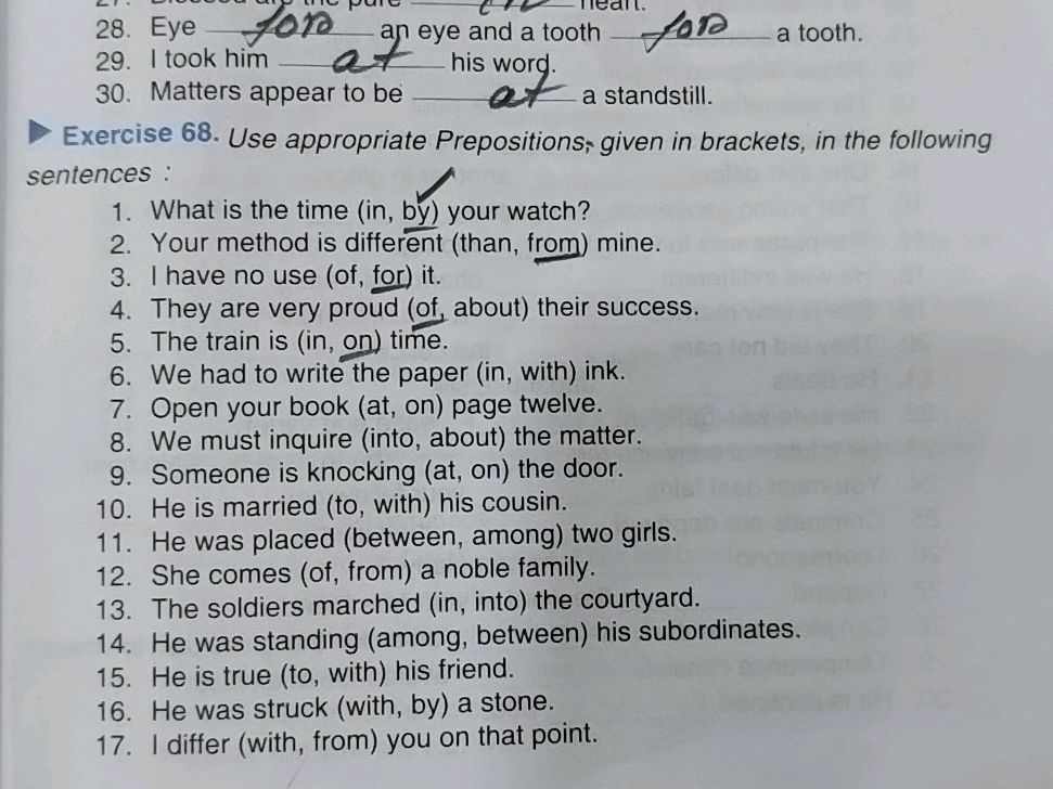 Exercise 68. Use appropriate Prepositions, | StudyX