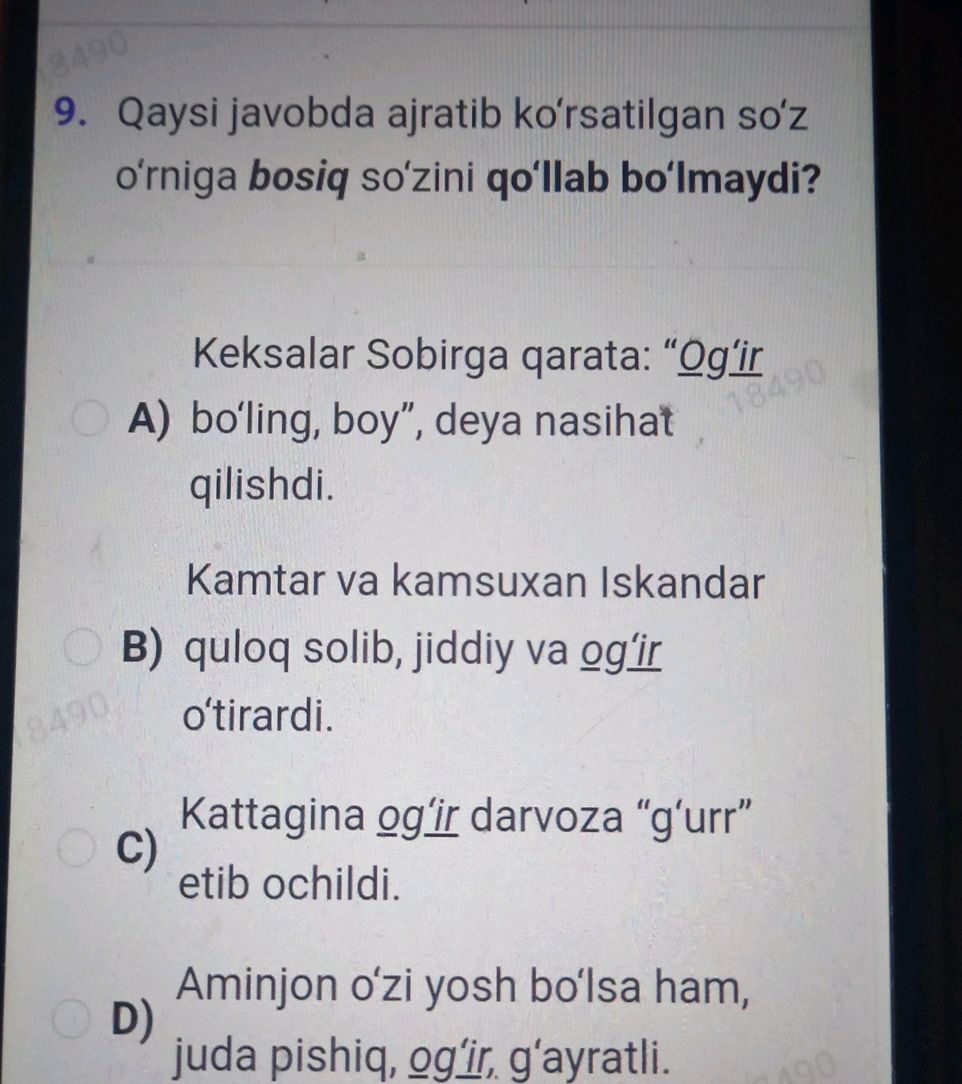 9. Qaysi javobda ajratib ko'rsatilgan so'z | StudyX