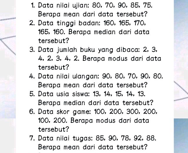 1. Data nilai ujian: 80, 70, 90, 85, 75. | StudyX