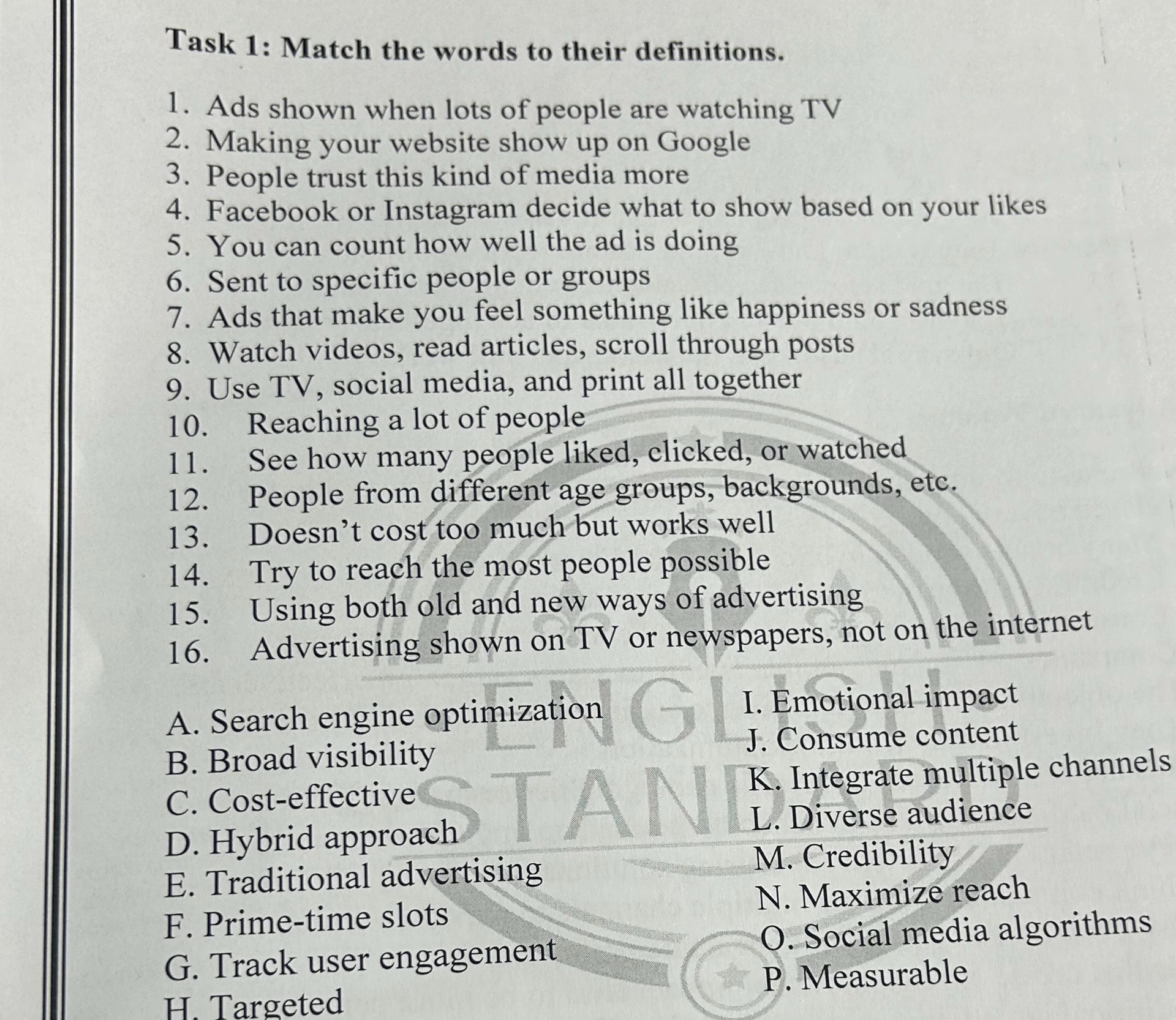 Task 1: Match the words to their | StudyX