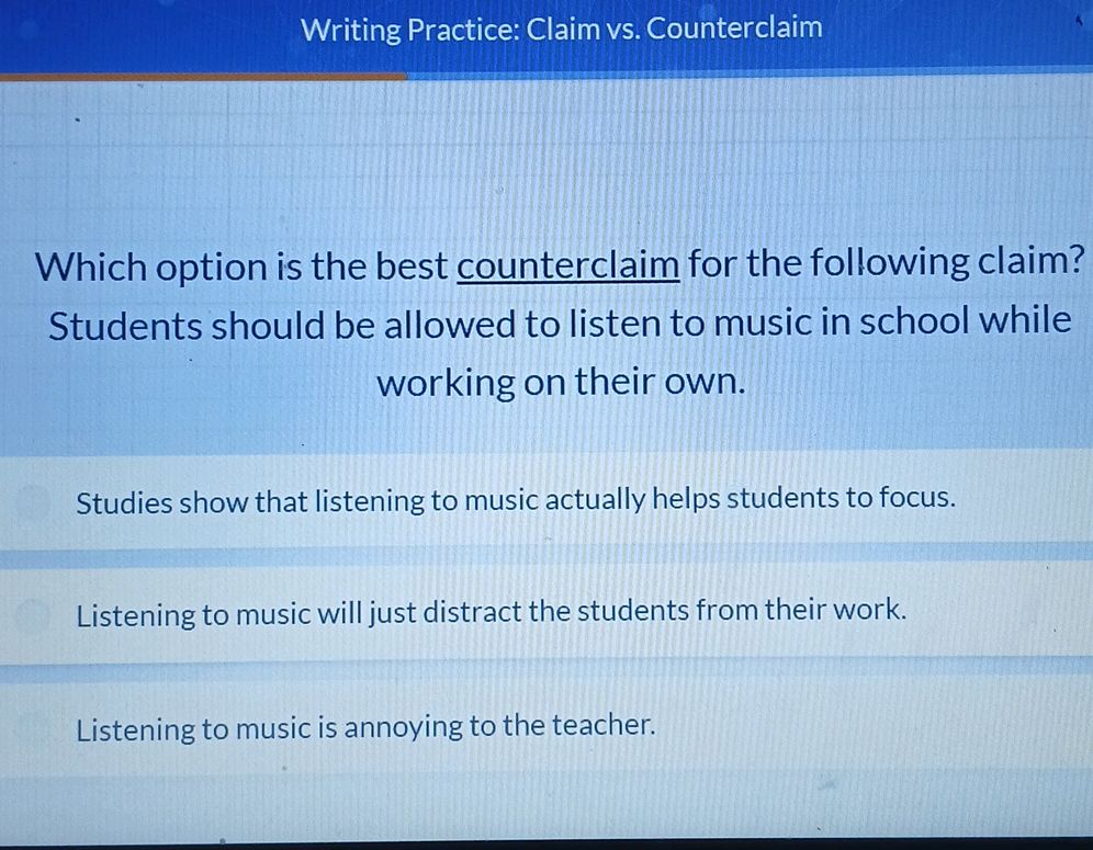 Which option is the best counterclaim for | StudyX