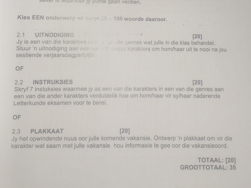 Kies EEN onderwerp en skryt 80-100 woorde | StudyX