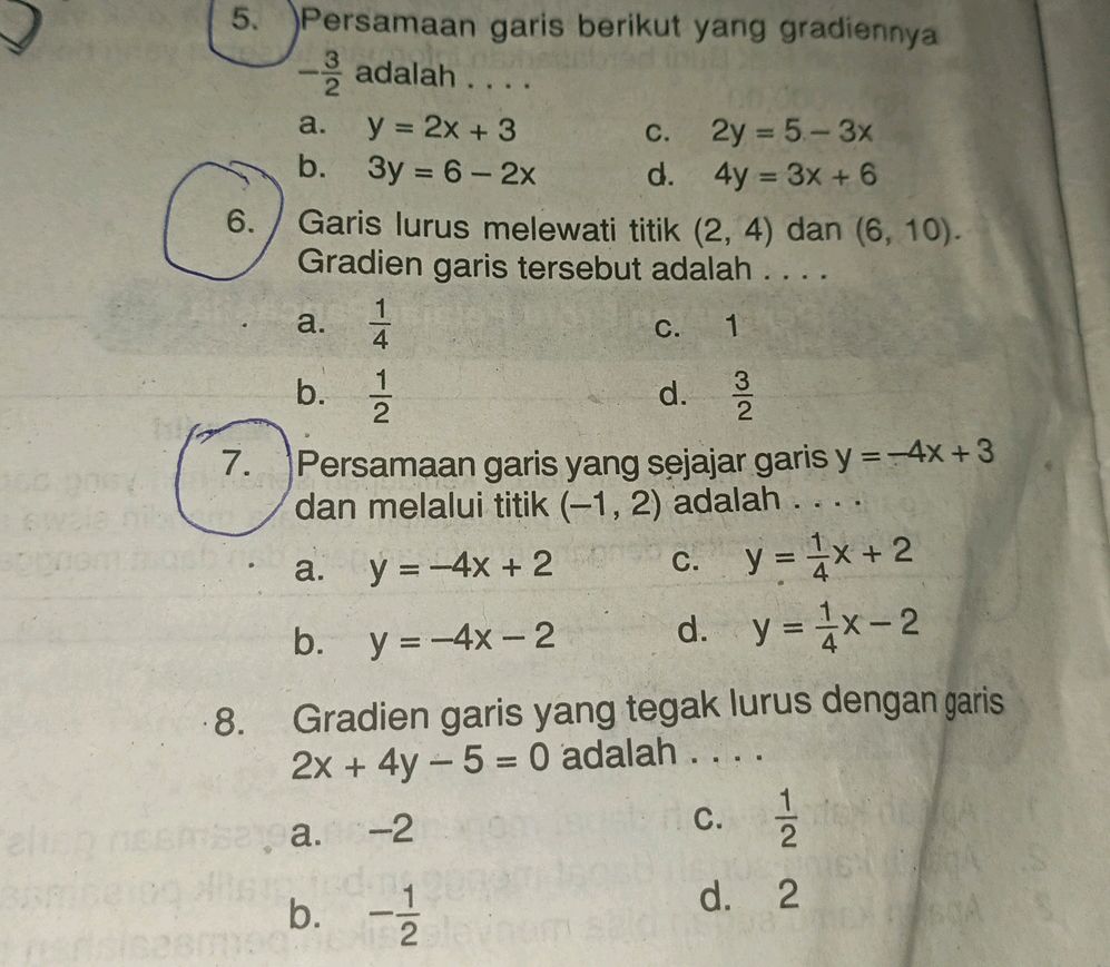 5. Persamaan garis berikut yang gradiennya | StudyX