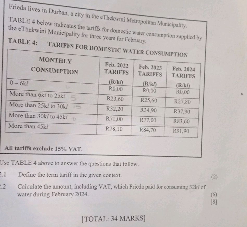 TABLE 4: TARIFFS FOR DOMESTIC WATER | StudyX