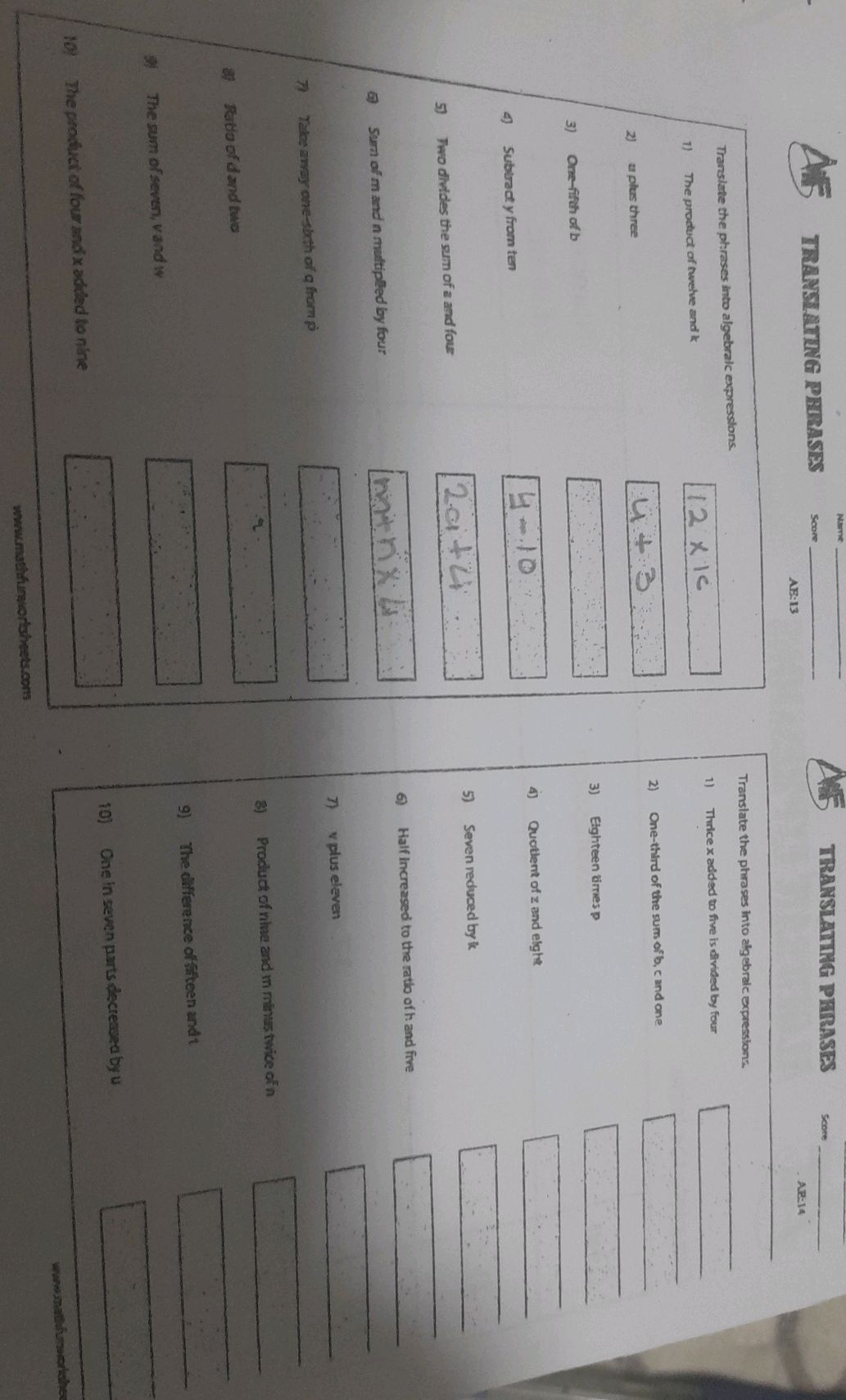 Translate the phrases into algebraic | StudyX