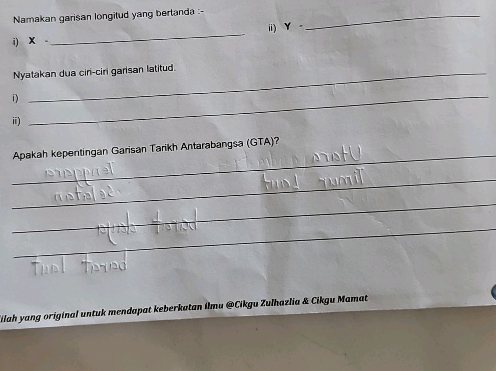Namakan garisan longitud yang bertanda :- i) | StudyX