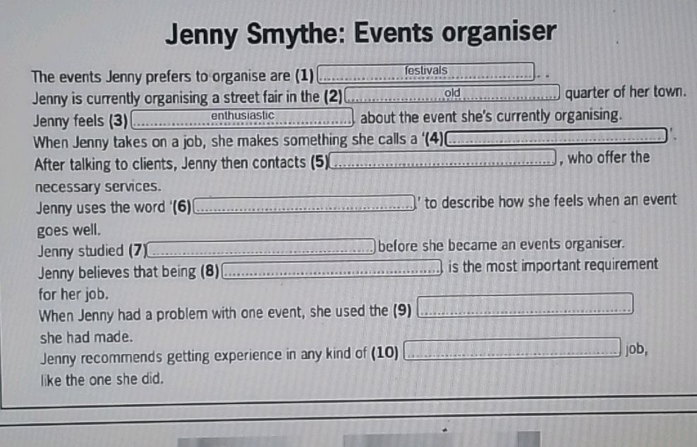 The events Jenny prefers to organise are (1)