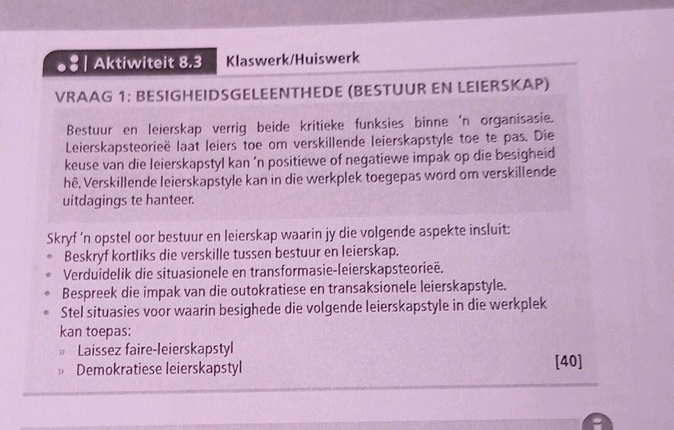 VRAAG 1: BESIGHEIDSGELEENTHEDE (BESTUUR EN | StudyX