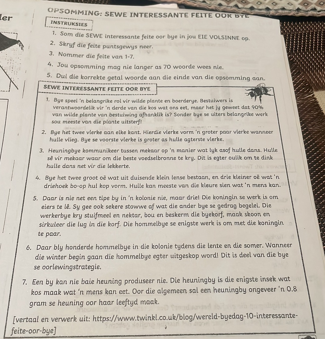 OPSOMMING: SEWE INTERESSANTE FEITE OOR BYE | StudyX