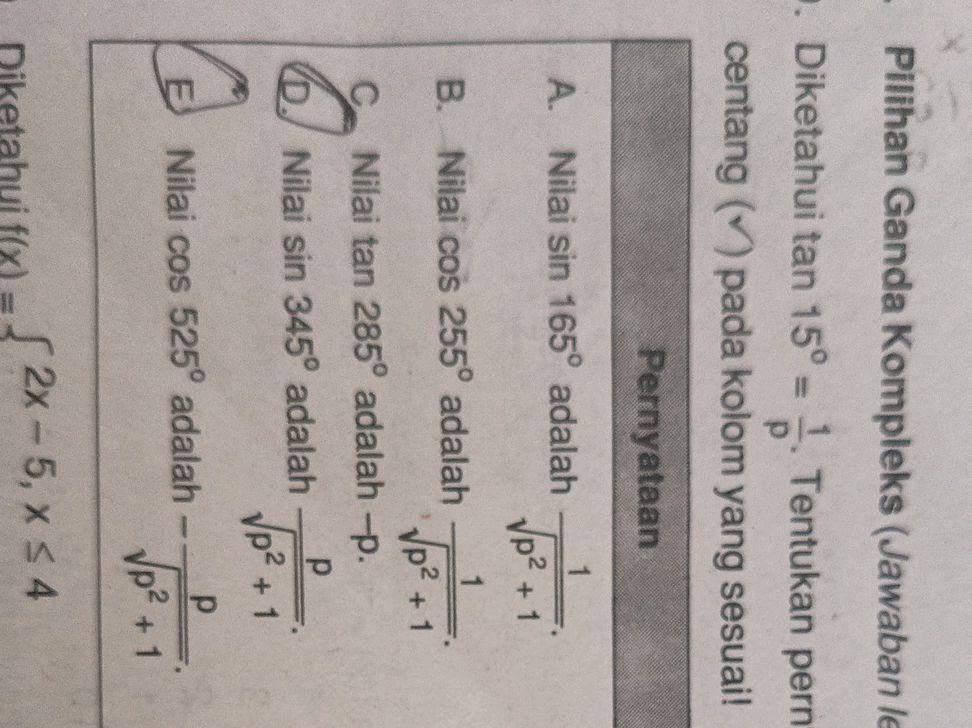 Diketahui tan 15° = {1}{p}. Tentukan | StudyX