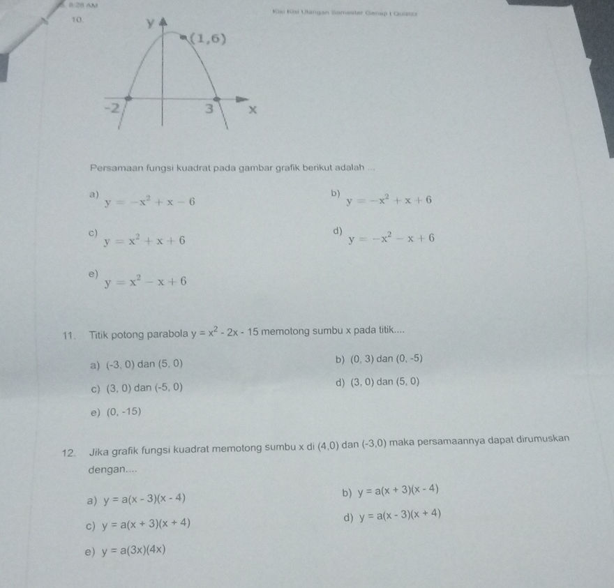 10. Persamaan fungsi kuadrat pada gambar | StudyX