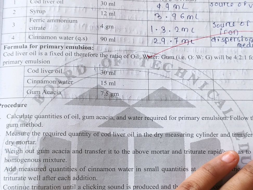 Formula for primary emulsion: Cod liver oil | StudyX