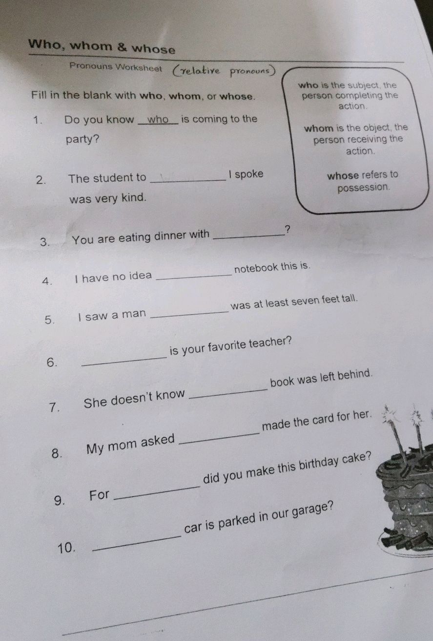 Who, whom whose Pronouns Worksheet | StudyX