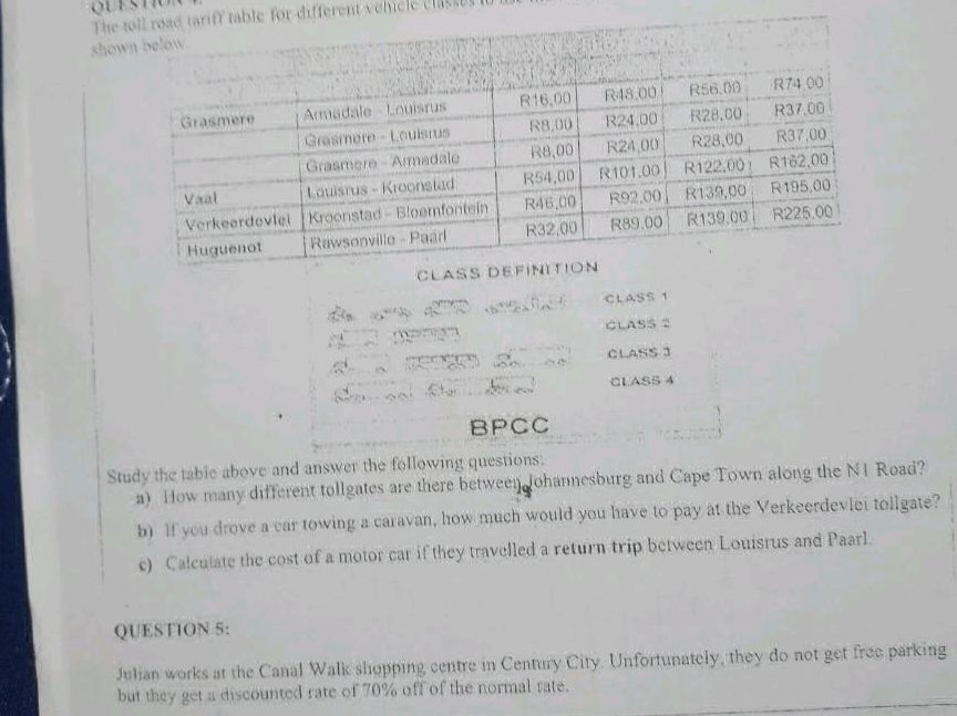 The toll road tariff table for different | StudyX