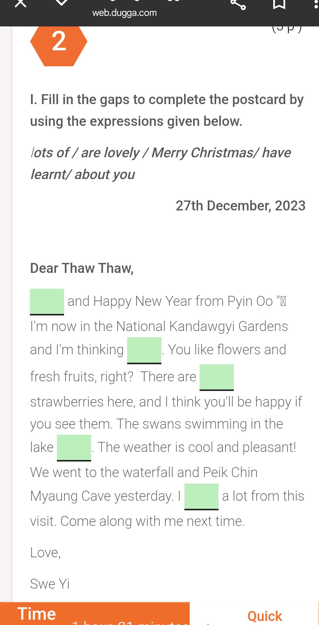 I. Fill in the gaps to complete the postcard | StudyX