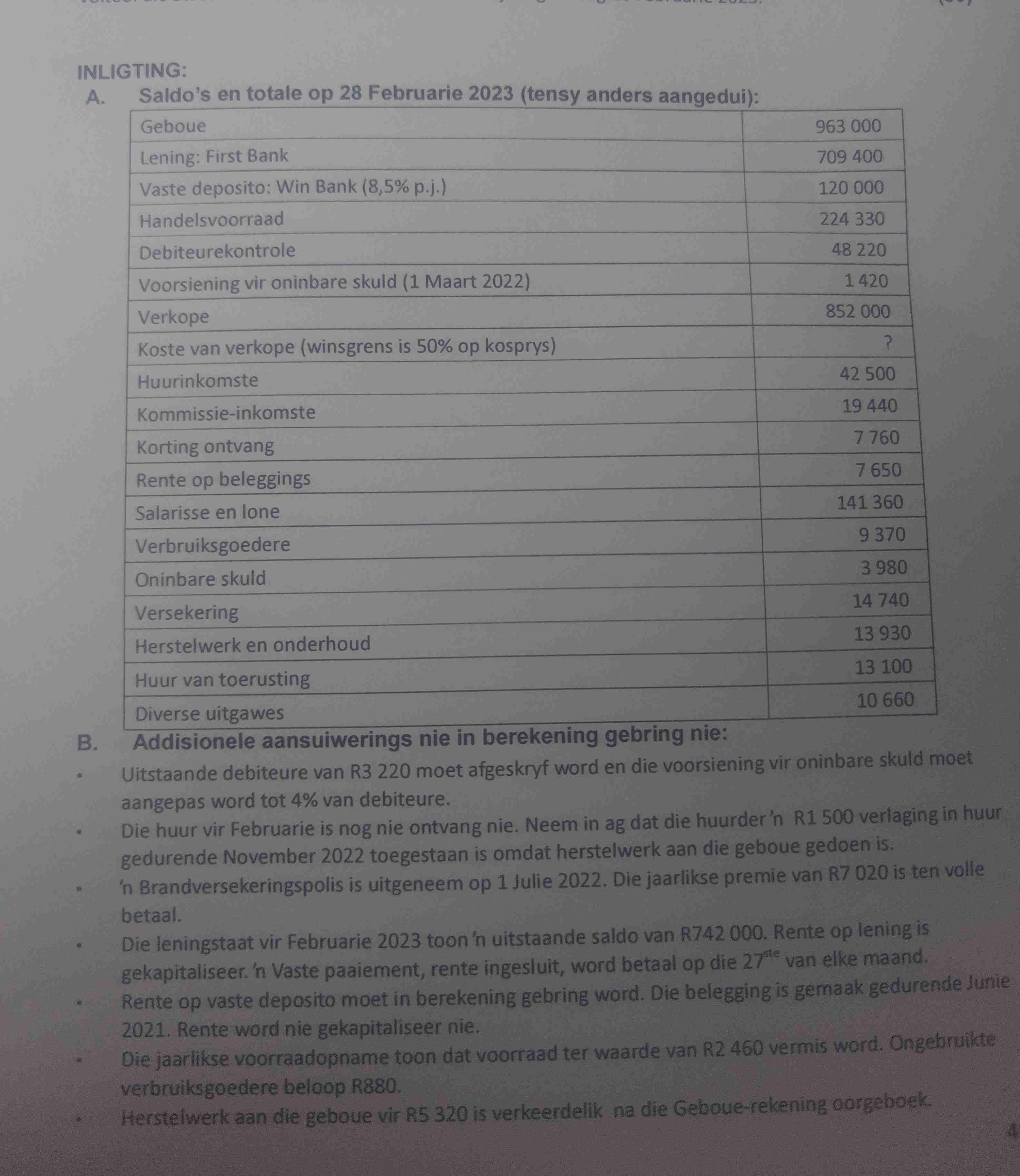 INLIGTING: A. Saldo's en totale op 28 | StudyX