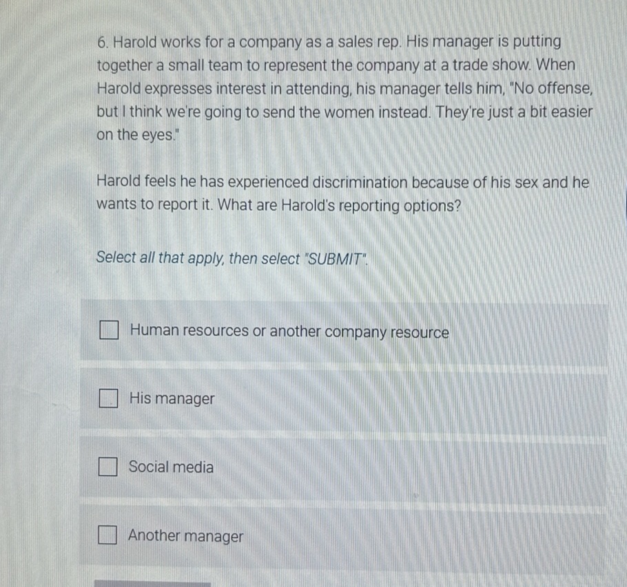 Harold works for a company as a sales rep.