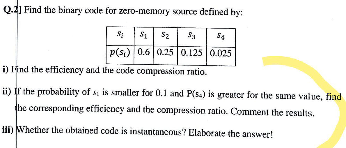 Q.2] Find the binary code for zero-memory | StudyX