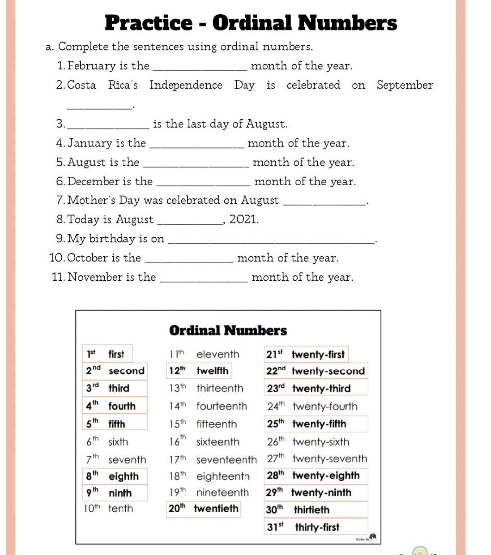 a. Complete the sentences using ordinal | StudyX