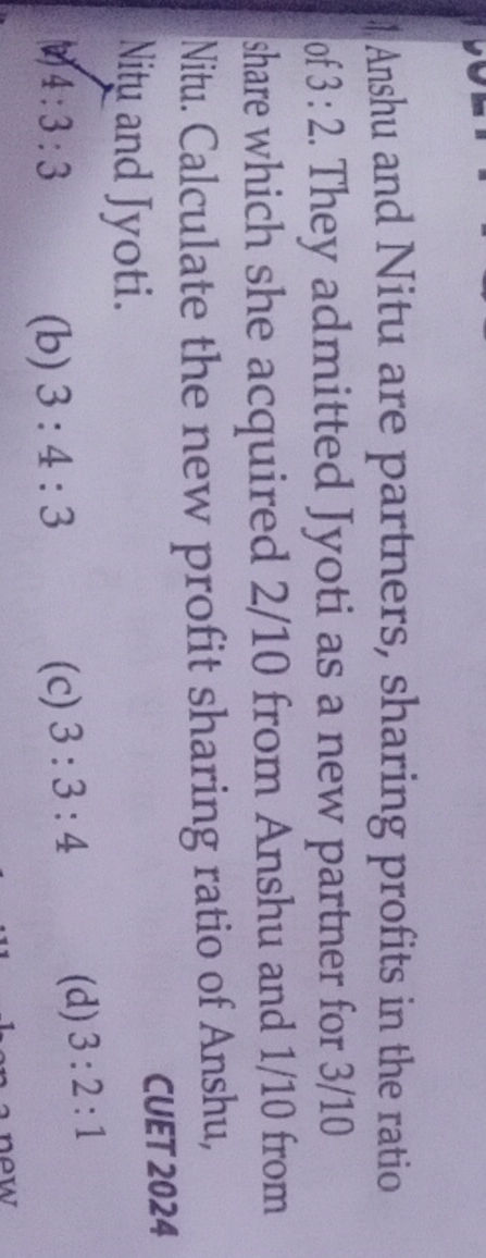 Anshu and Nitu are partners, sharing profits | StudyX